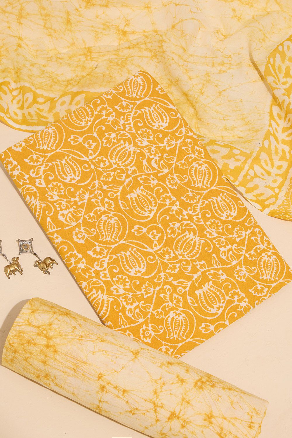 Yellow Pure Cotton Batik Unstitched Suit Set | Taneira Online Store