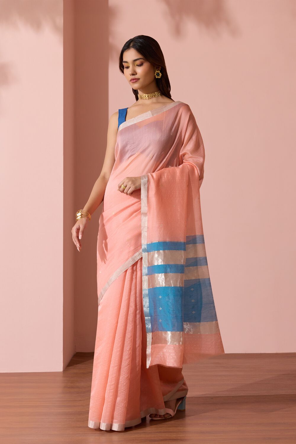 Light Orange Woven Pure Silk Cotton Chanderi Saree | Taneira Online Store