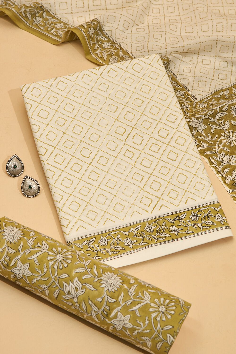 Light Green Block Printed Pure Cotton Unstitched Suit Set | Taneira ...