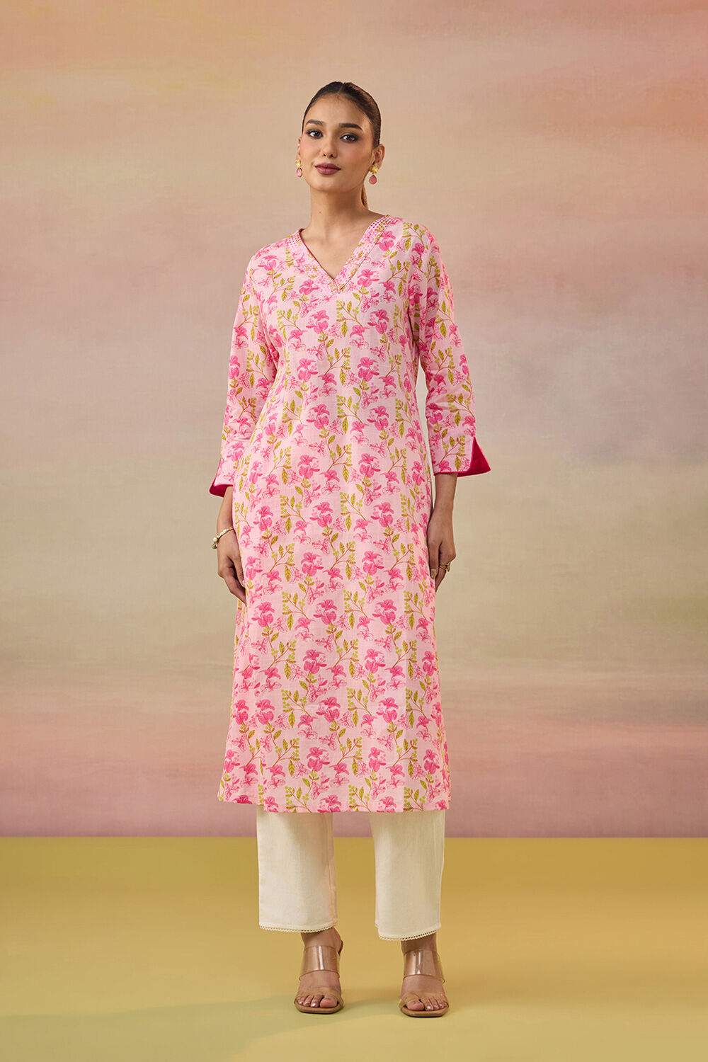 Light Pink Screen Printed Pure Cotton Kurta | Taneira Online Store