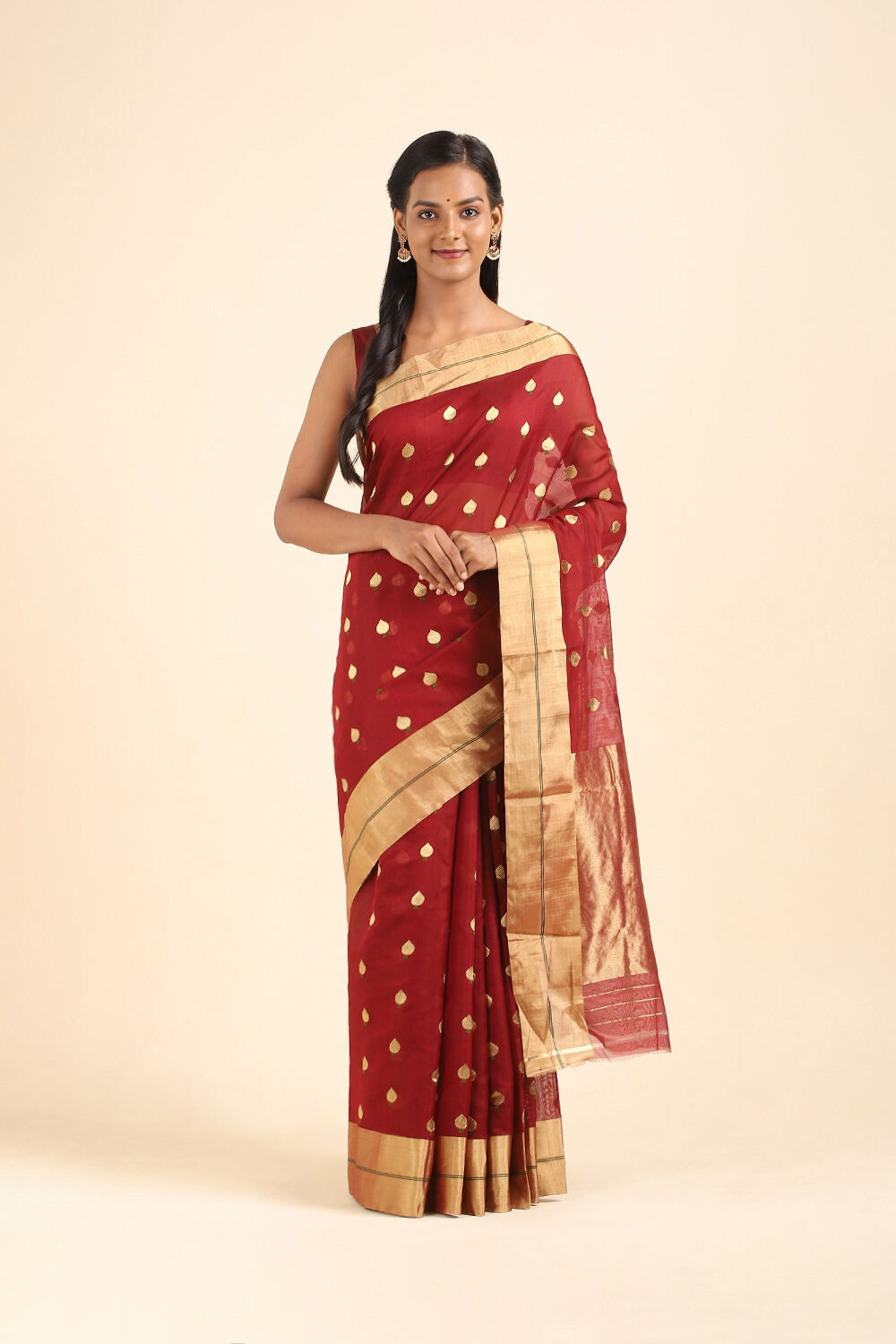 Dark Red Pure Silk Cotton Chanderi Saree | Taneira Online Store