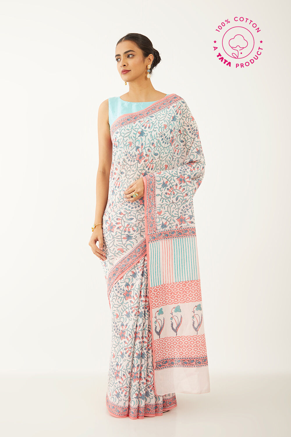 White Pure Cotton Block Print Saree | Taneira Online Store