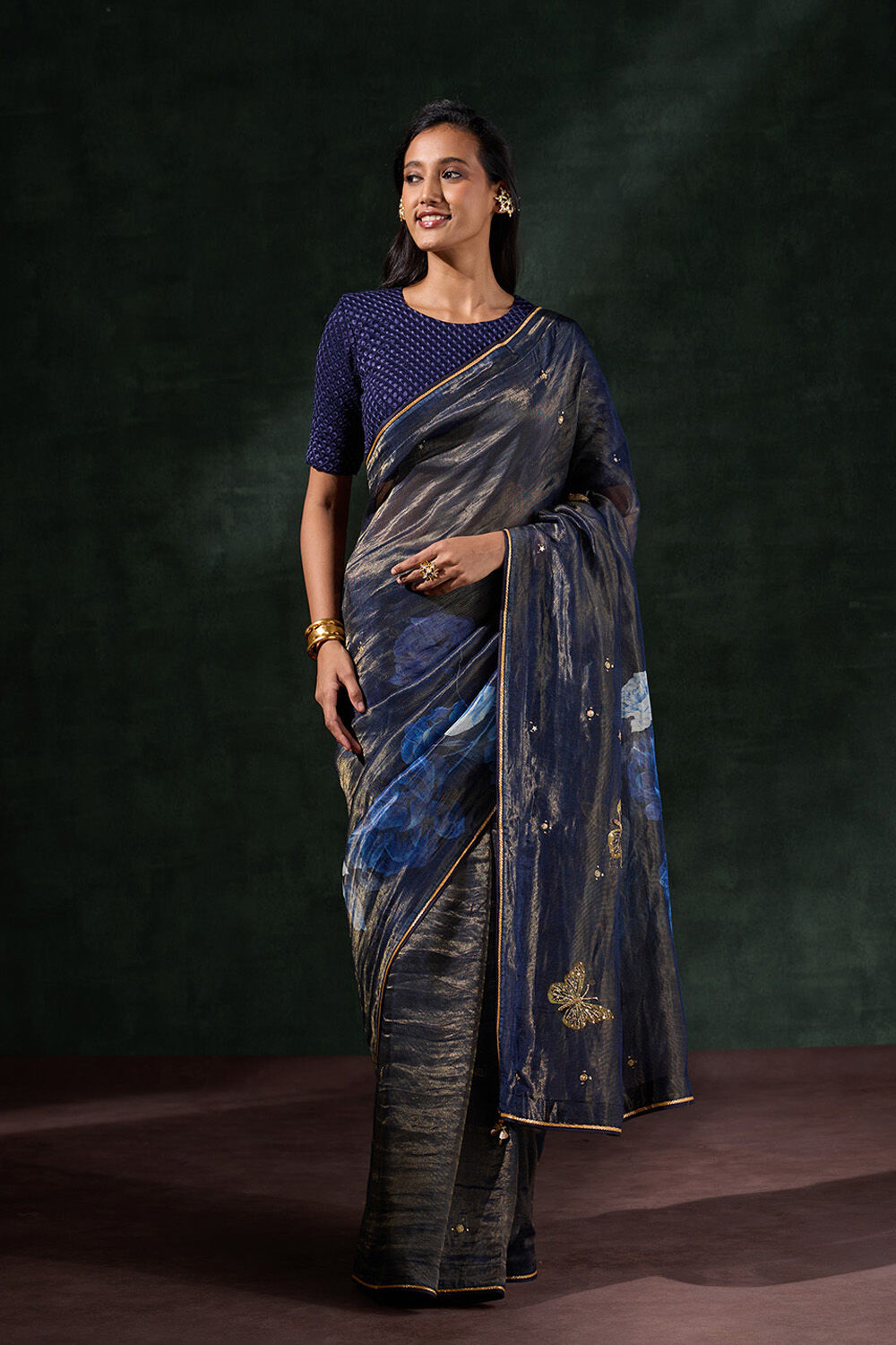 Dark Blue Pure Silk Tissue Embroidered Saree | Taneira Online Store