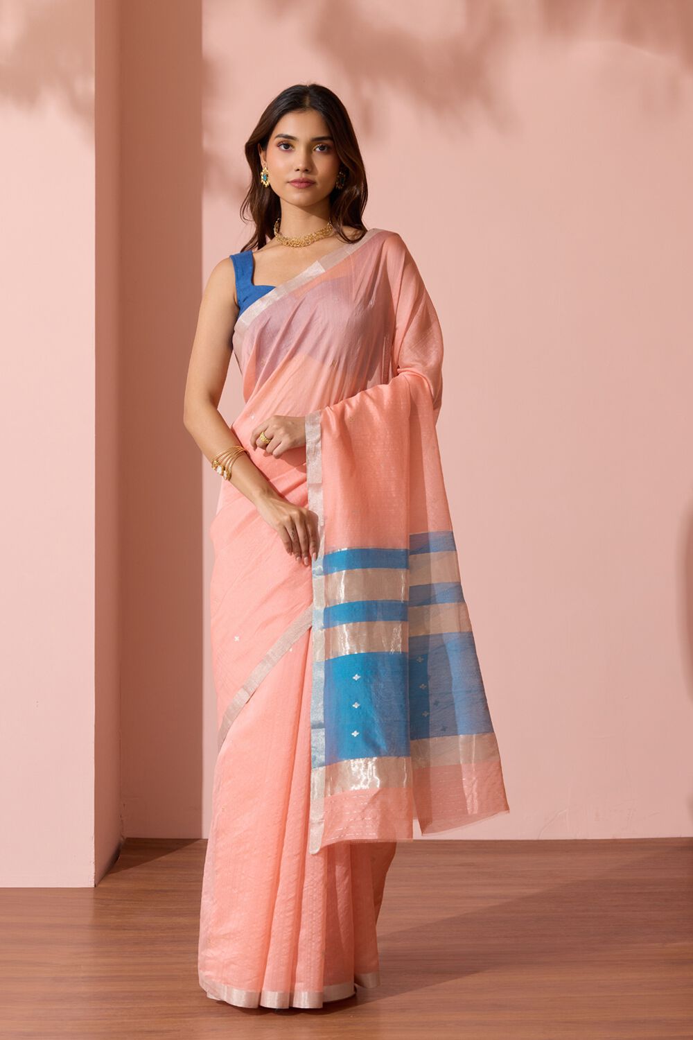 Light Orange Woven Pure Silk Cotton Chanderi Saree | Taneira Online Store