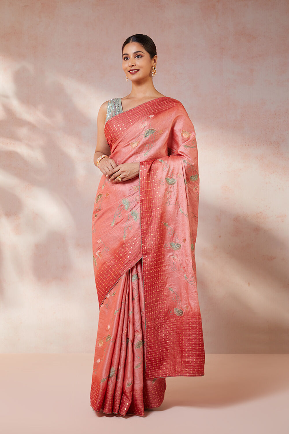 Orange Pure Tussar Silk Embroidered Saree | Taneira Online Store