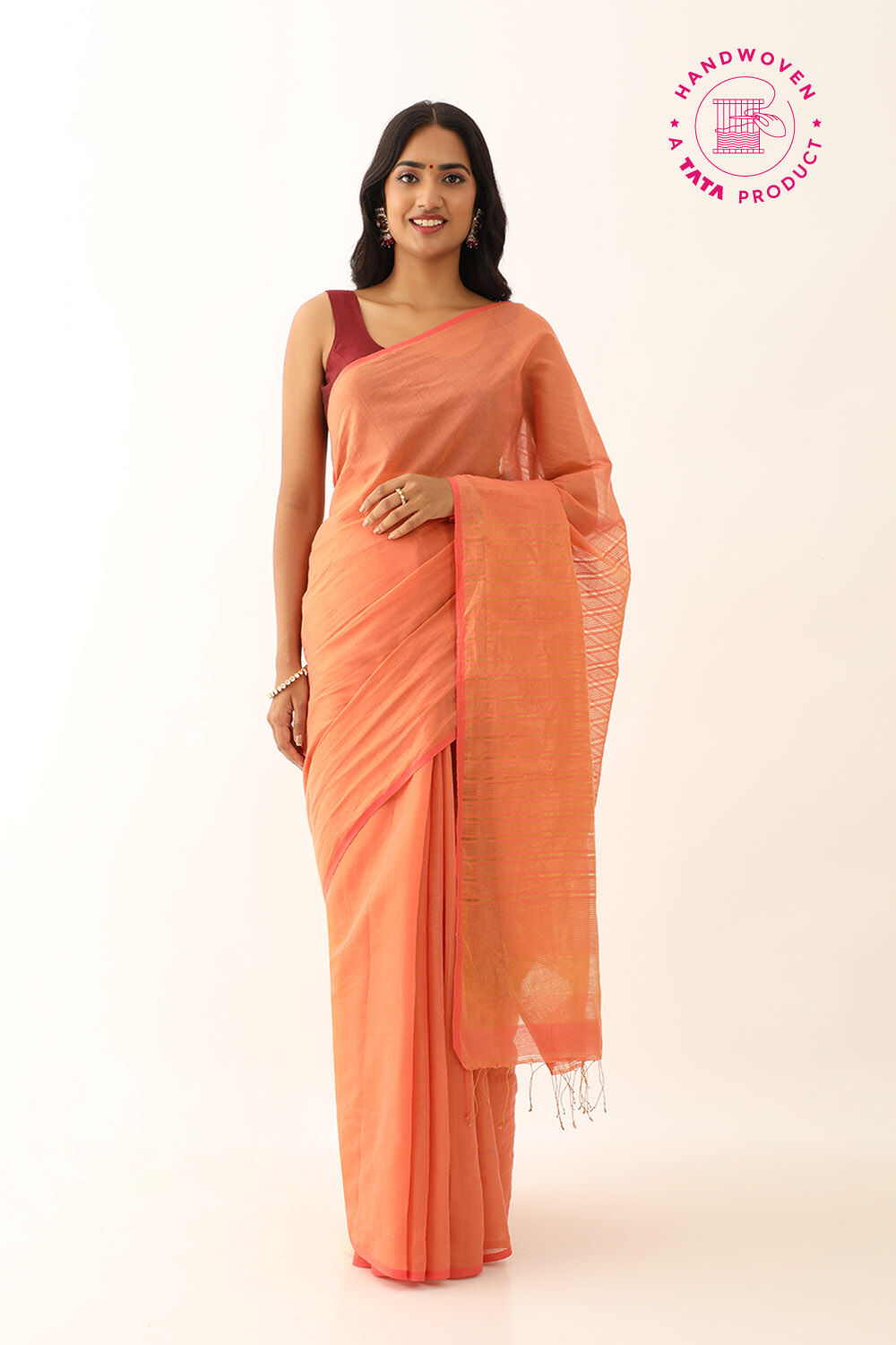 Light Orange Pure Cotton Tissue Woven Bengali Saree | Taneira Online Store