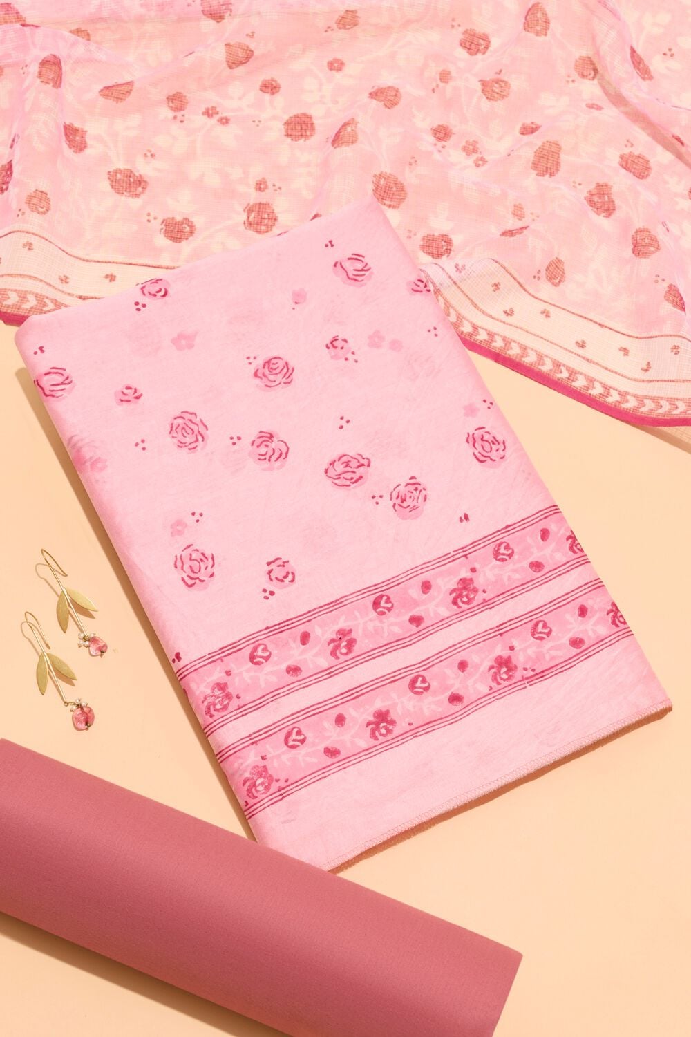 Light Pink Pure Silk Cotton Printed Sanganeri Unstitched Suit Set ...