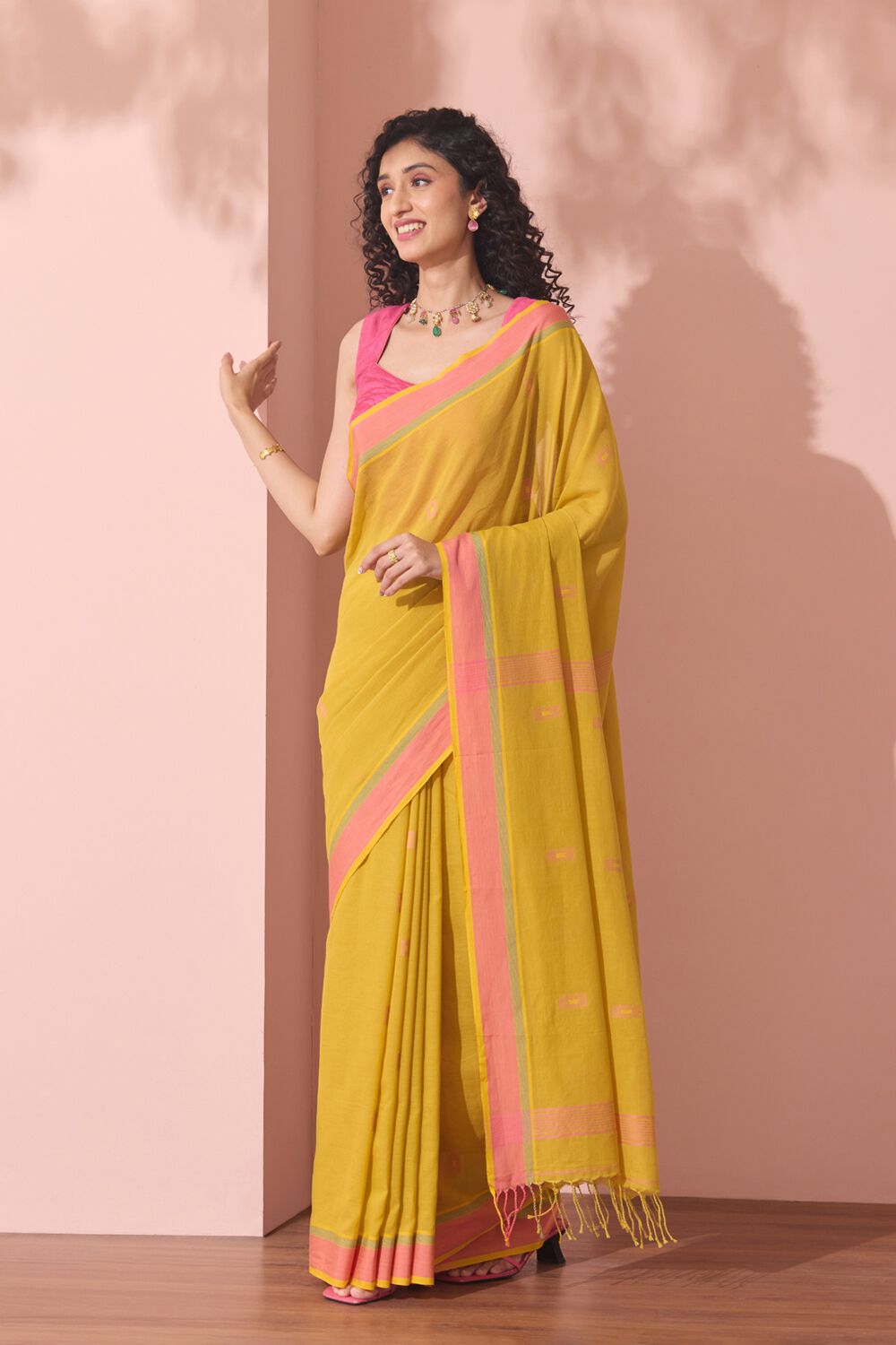 Yellow Woven Pure Cotton Bengal Saree | Taneira Online Store