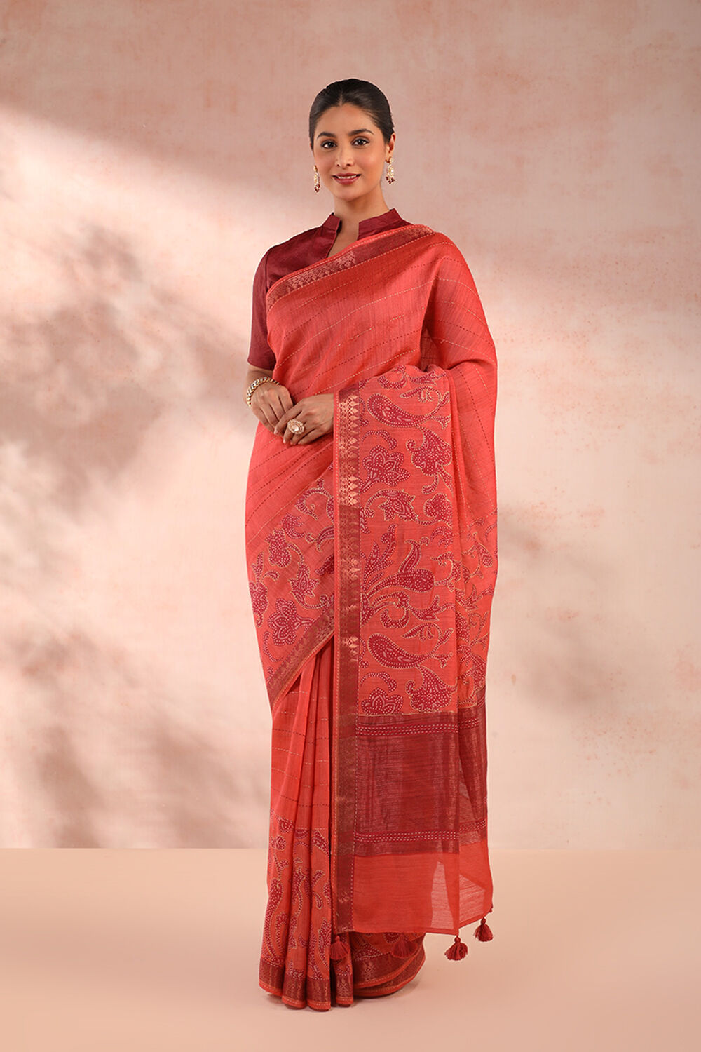 Light Red Printed Tussar Saree | Taneira Online Store