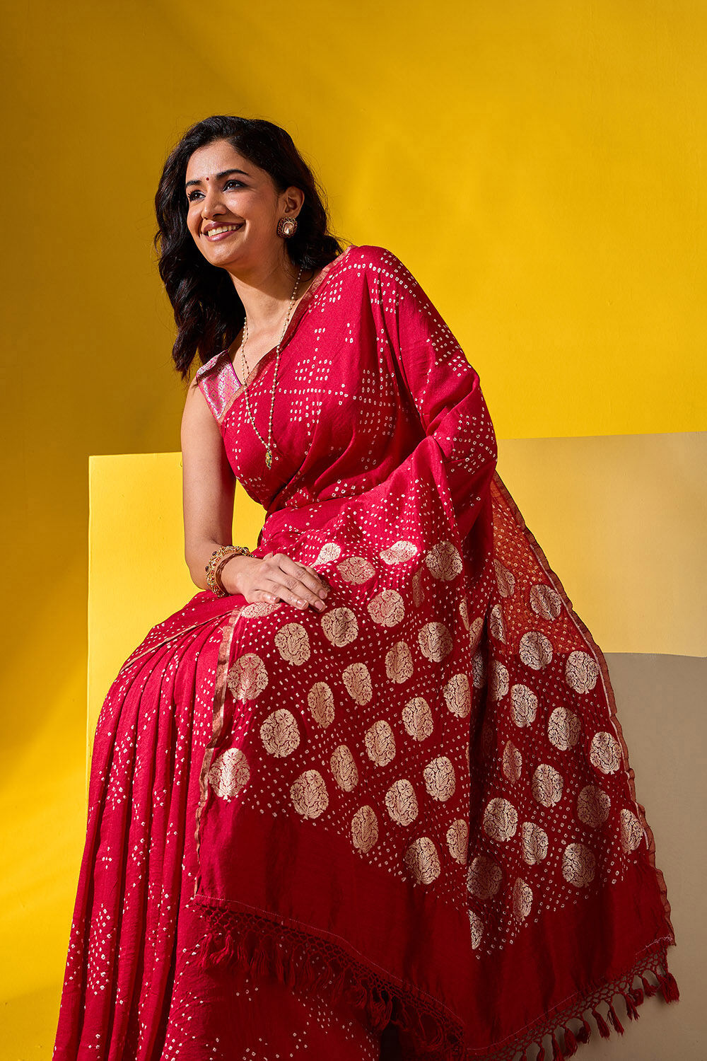 Red Silk Muga Tie and Dye Bandhni Saree | Taneira Online Store