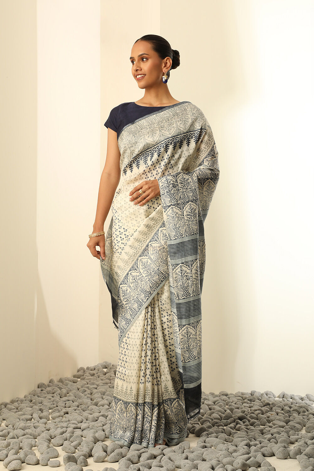 Off White Pure Silk Block Printed Saree | Taneira Online Store
