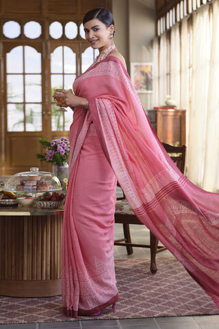 Pink Block Printed Pure Cotton Bengal Saree | Taneira Online Store