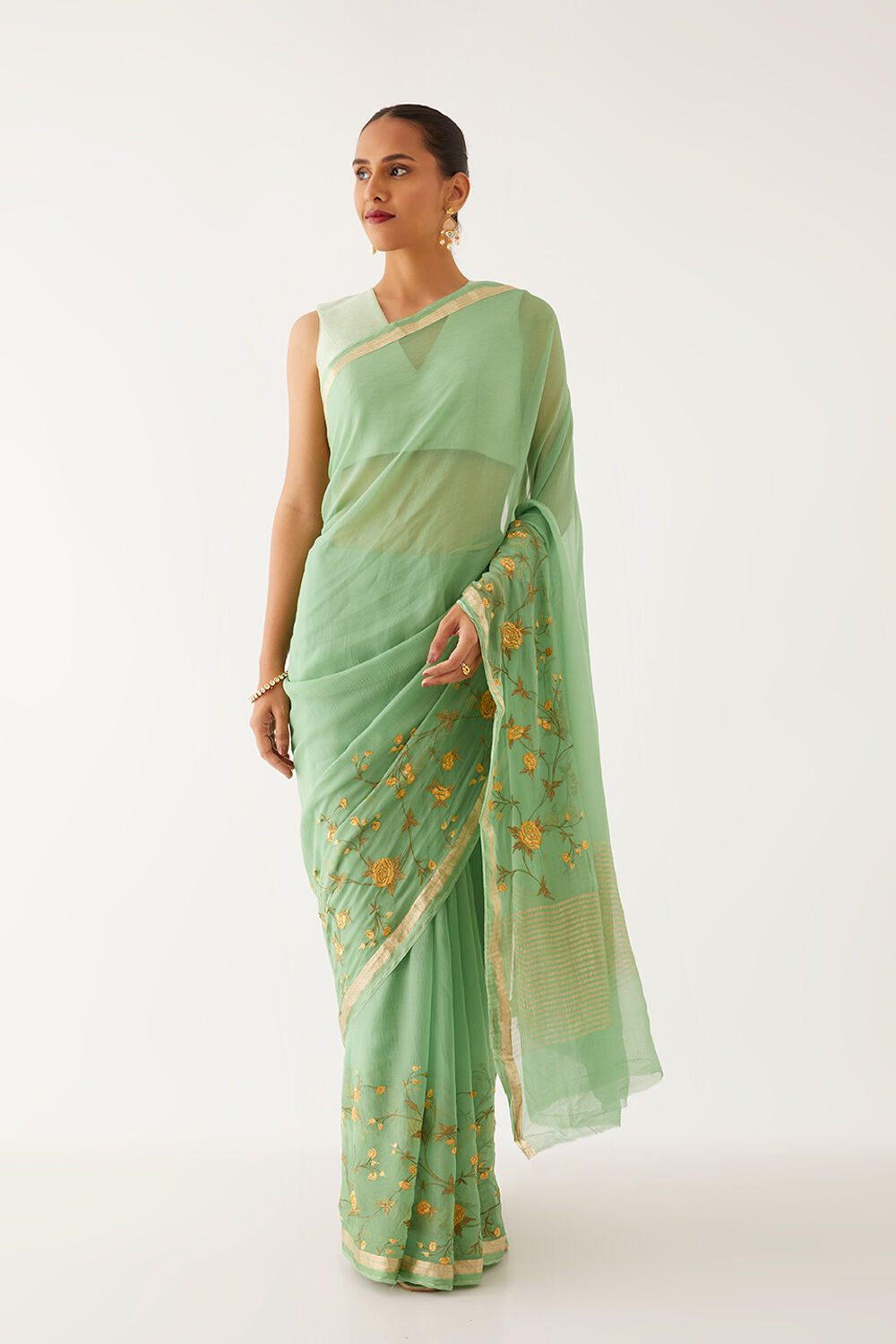Light Green Pure Chiffon Embroidered Saree | Taneira Online Store