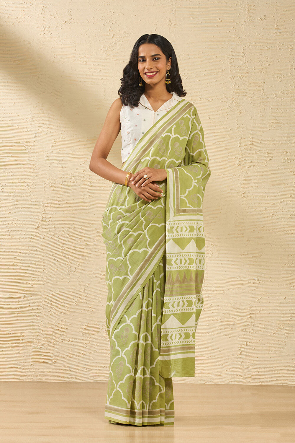 Light Green Rajasthan Pure Cotton Dabu Block Printed Saree | Taneira ...