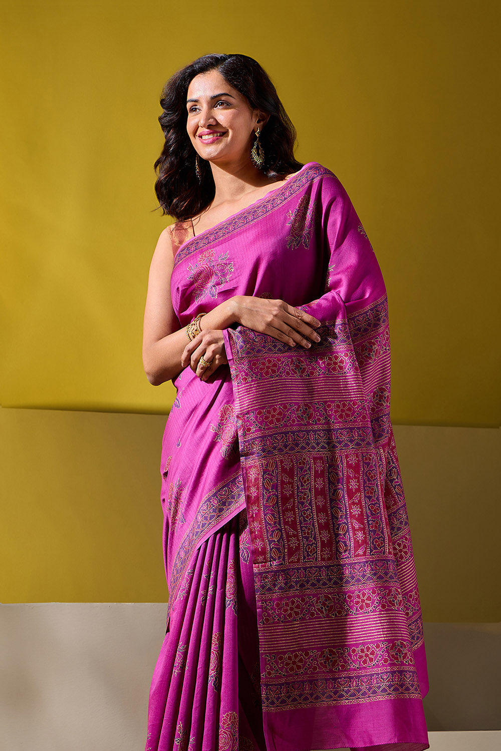 Pink Pure Silk Cotton Printed Sanganeri Saree | Taneira Online Store
