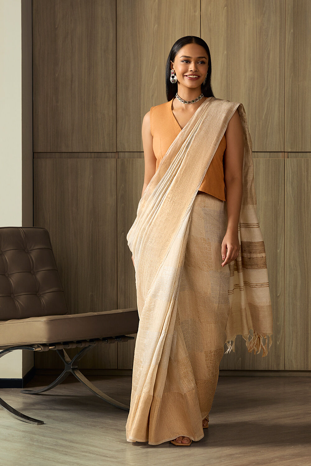 Beige Tussar Silk Block Print Saree | Taneira Online Store