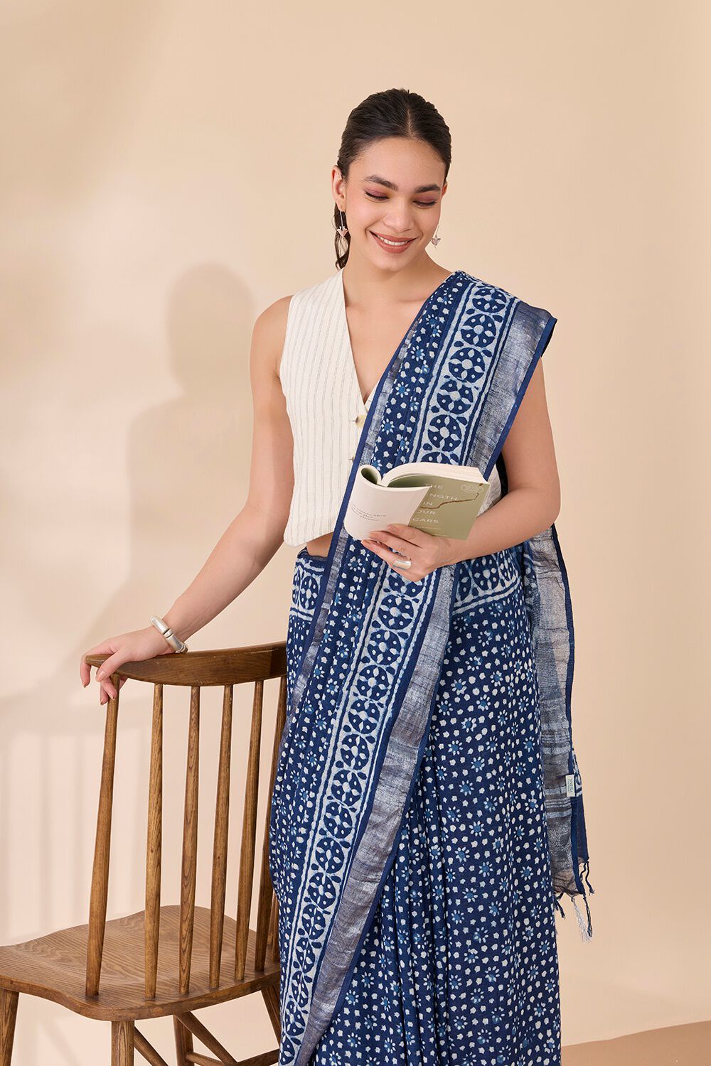 Blue Viscose Cotton Block Printed Saree | Taneira Online Store