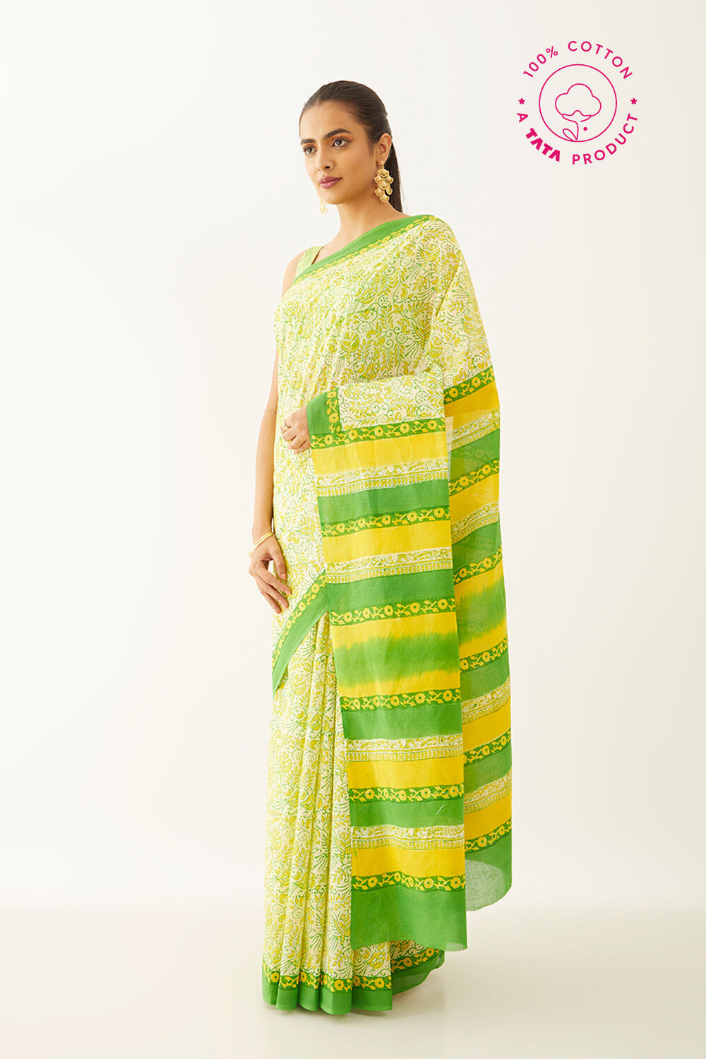Yellow Pure Cotton Mulmul Block Print Bengali Saree | Taneira Online Store