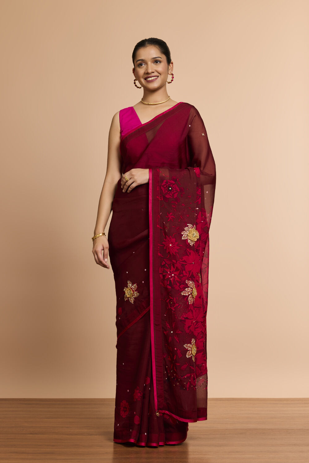 Dark Red Printed Embroidered Viscose Organza Saree | Taneira Online Store