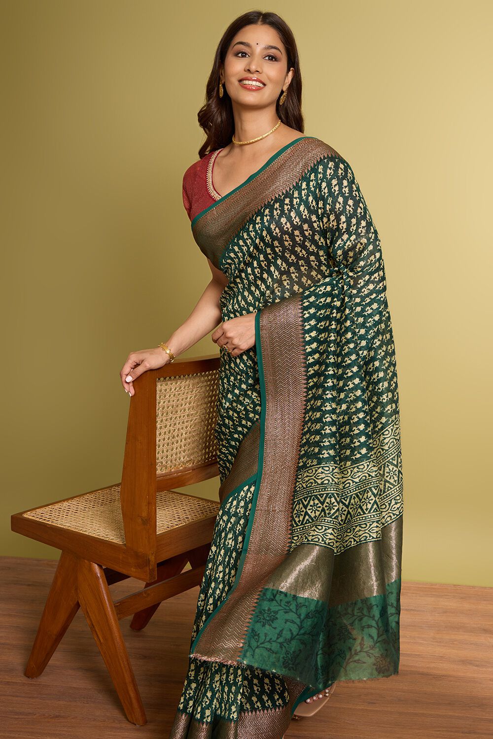 Dark Green Rajasthan Block Printed Pure Silk Cotton Saree | Taneira ...