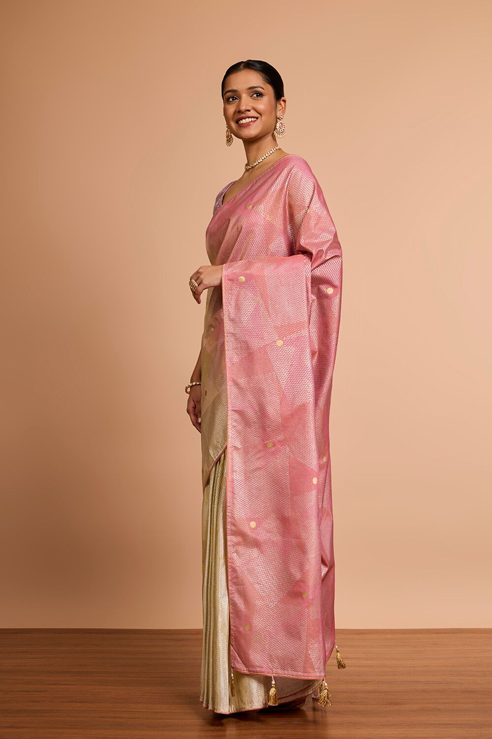 Off White Block Printed Pure Tissue Organza Saree | Taneira Online Store