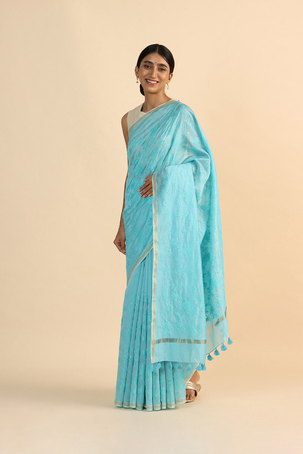 Light Blue Pure Silk Cotton Embroidered Saree | Taneira Online Store