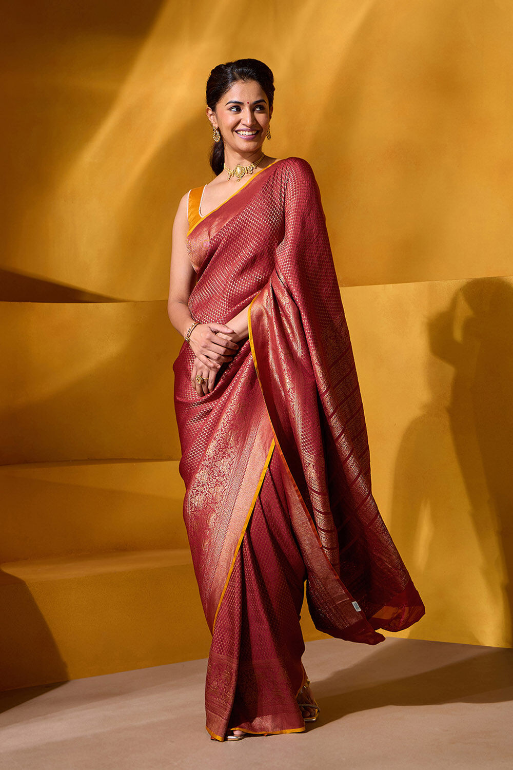 Dark Red Woven Pure Silk Crepe Saree | Taneira Online Store