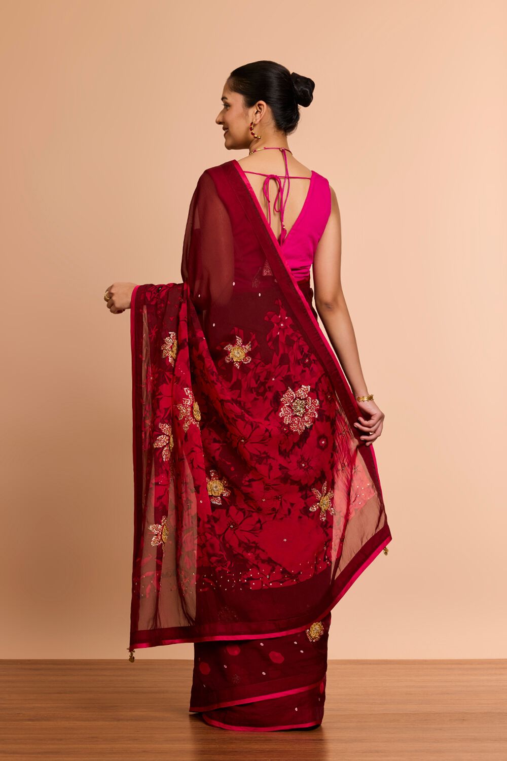Dark Red Printed Embroidered Viscose Organza Saree | Taneira Online Store