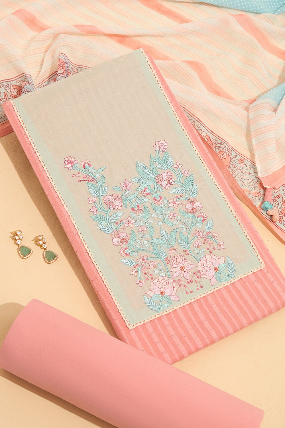 Light Pink Pure Cotton Embroidered Unstitched Suit Set | Taneira Online ...