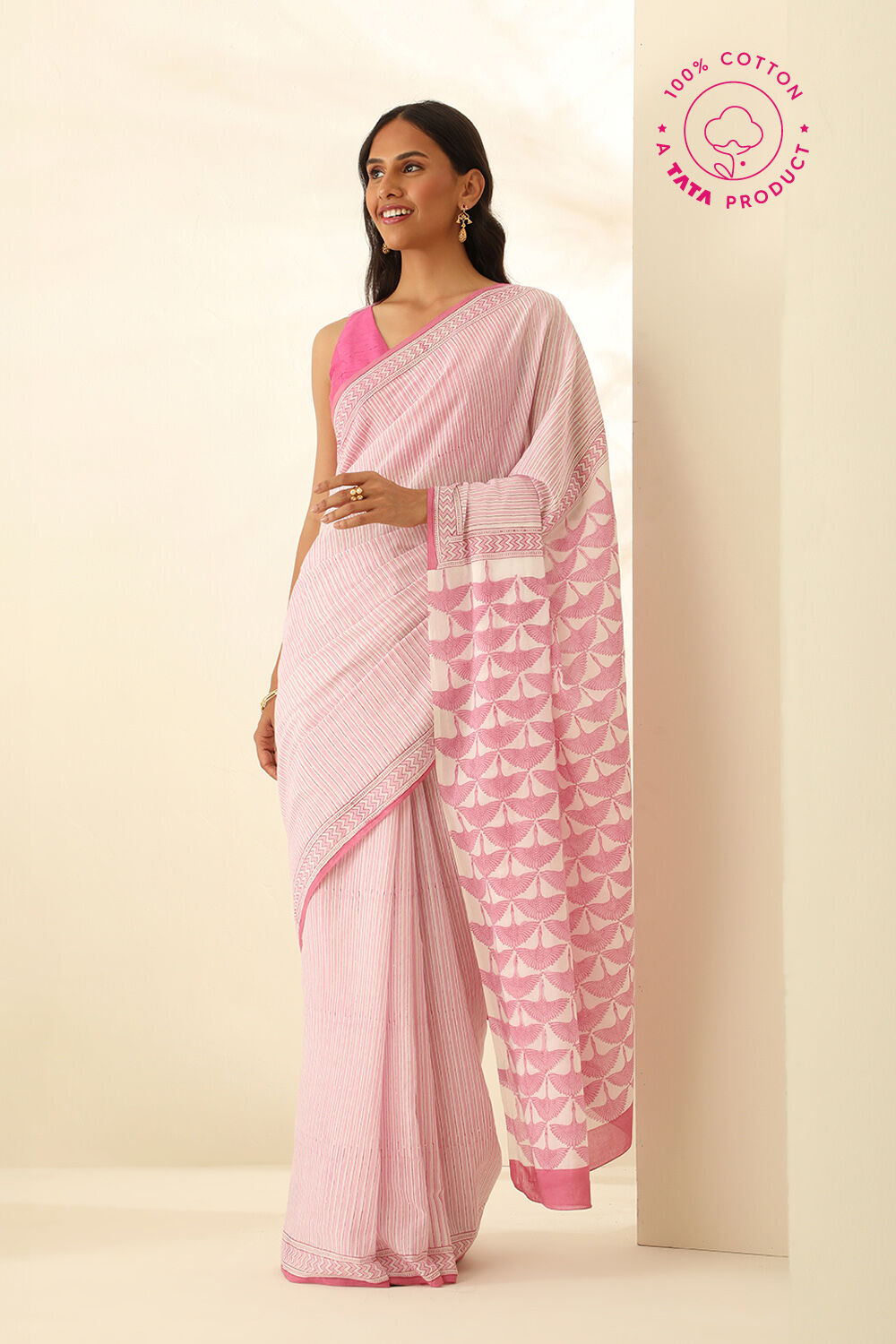 Light Pink Pure Cotton Block Printed Saree | Taneira Online Store