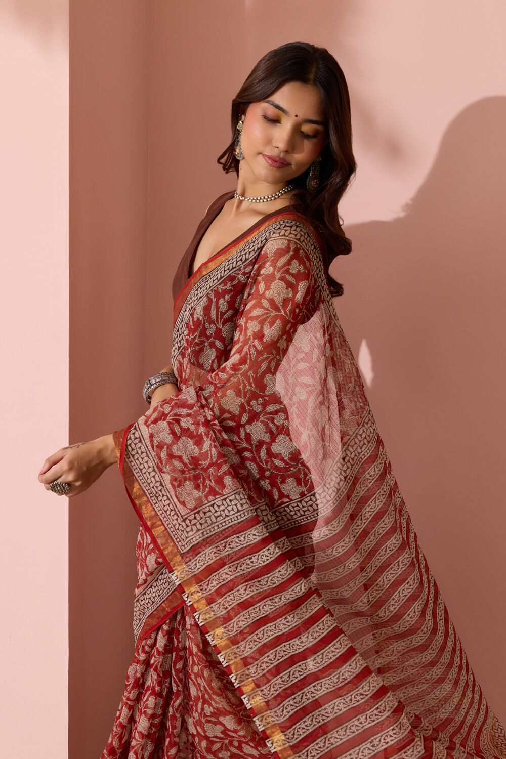 Red Rajasthan Bagru Block Printed Pure Cotton Kota Saree | Taneira ...