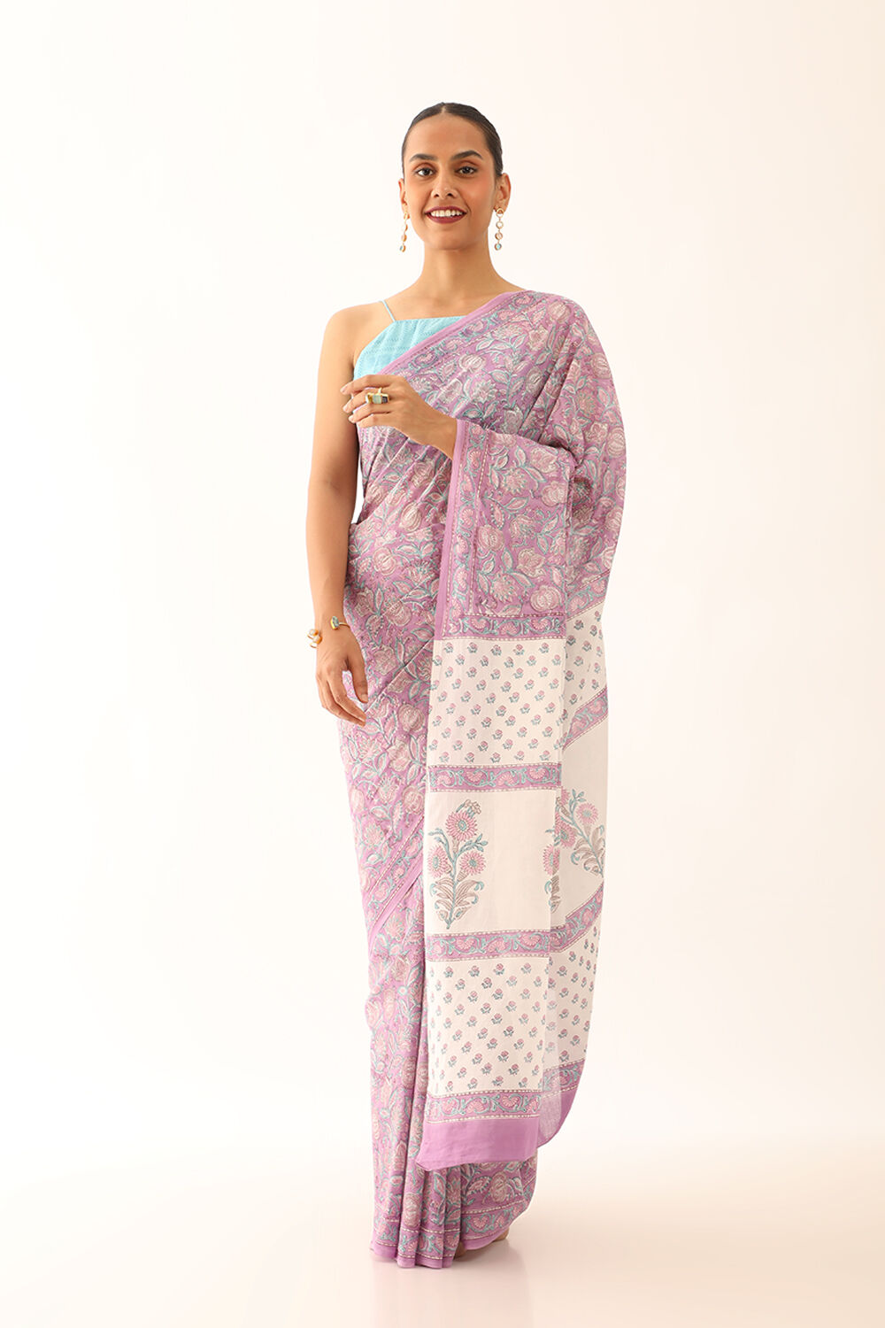 Light Violet Craft Pure Cotton Block Printed Saree | Taneira Online Store