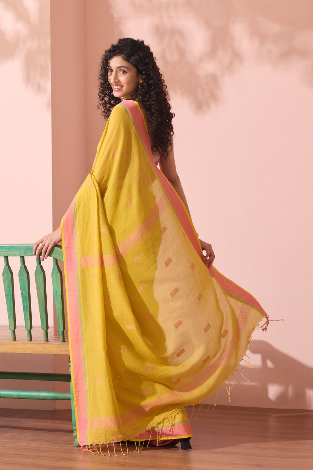 Yellow Woven Pure Cotton Bengal Saree | Taneira Online Store