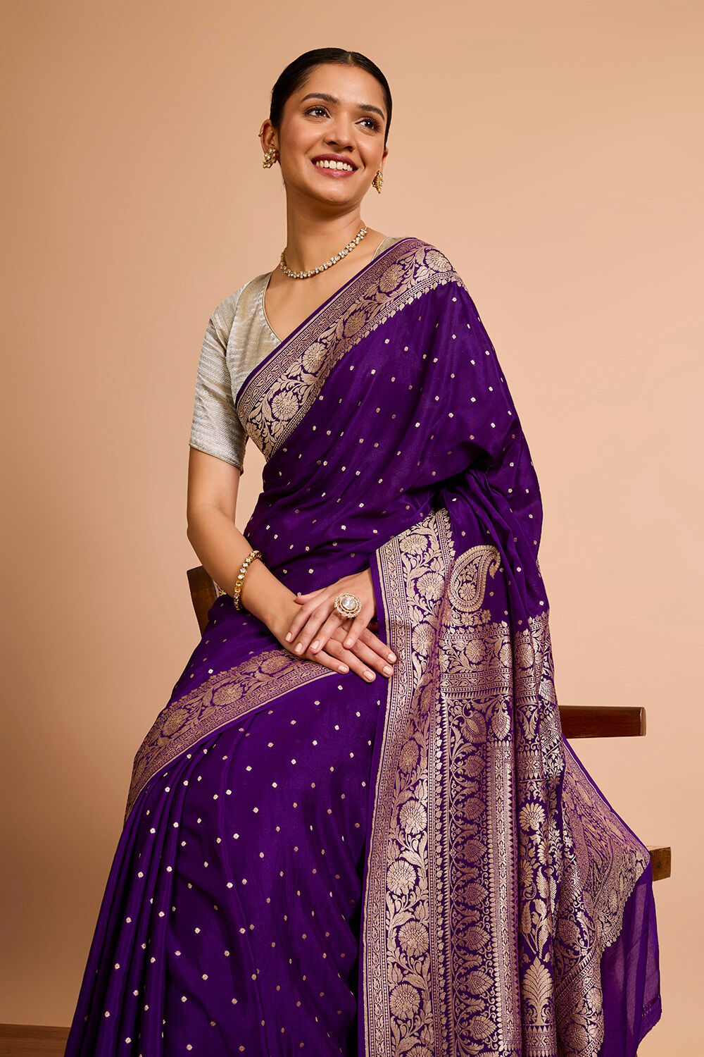 Violet Pure Silk Crepe Cutwork Banaras Saree | Taneira Online Store