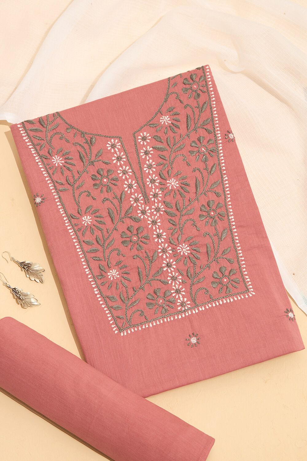 Light Pink Pure Cotton Chikankari Unstitched Suit Set | Taneira Online ...