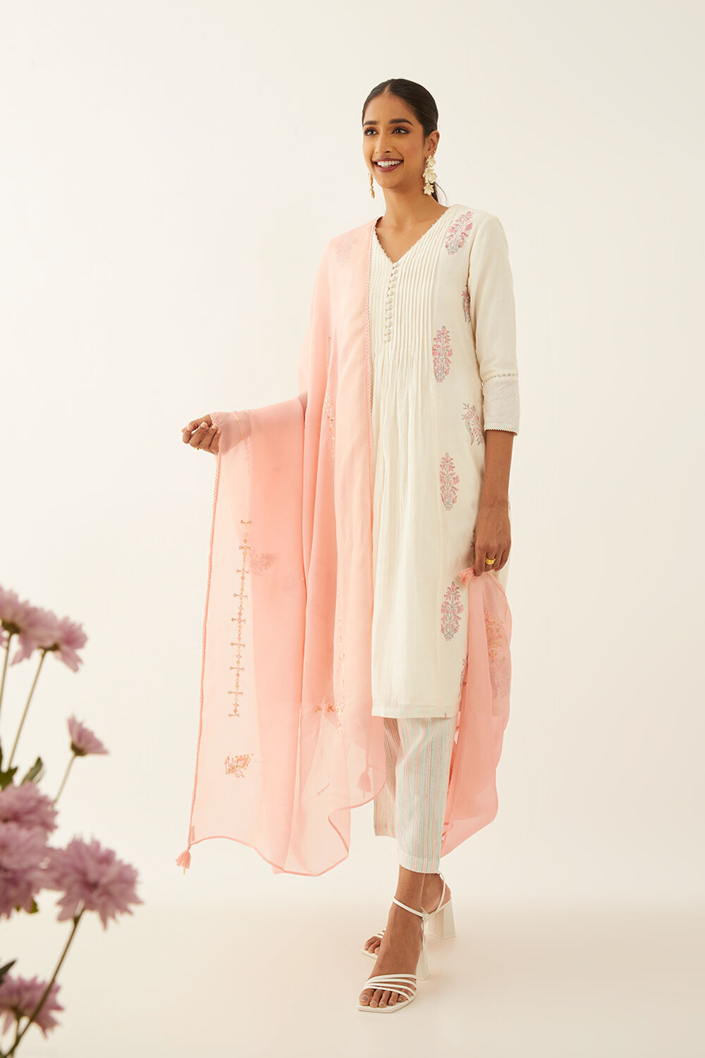 Light Pink Viscose Organza Embroidered Dupatta | Taneira Online Store