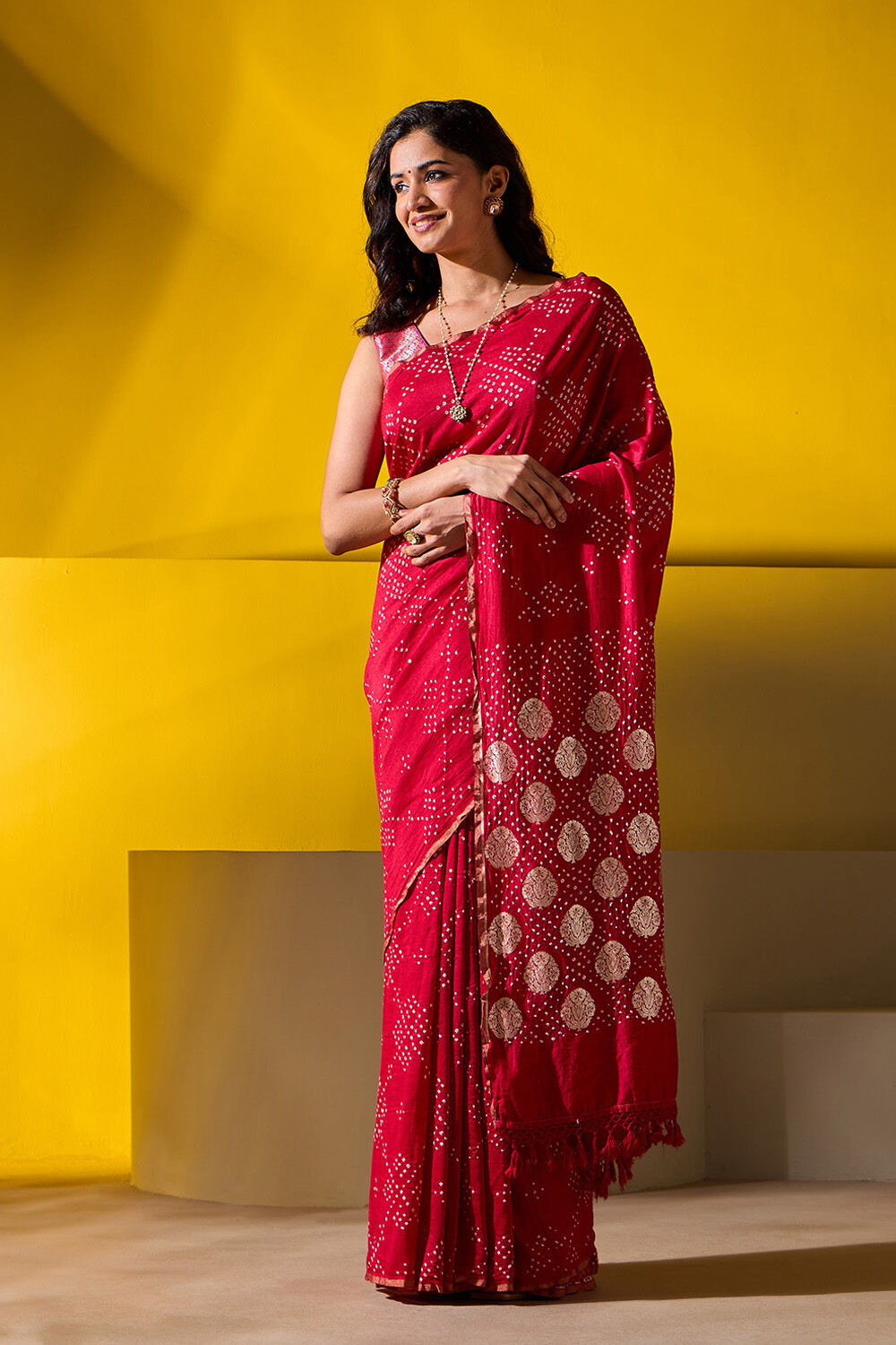 Red Silk Muga Tie and Dye Bandhni Saree | Taneira Online Store