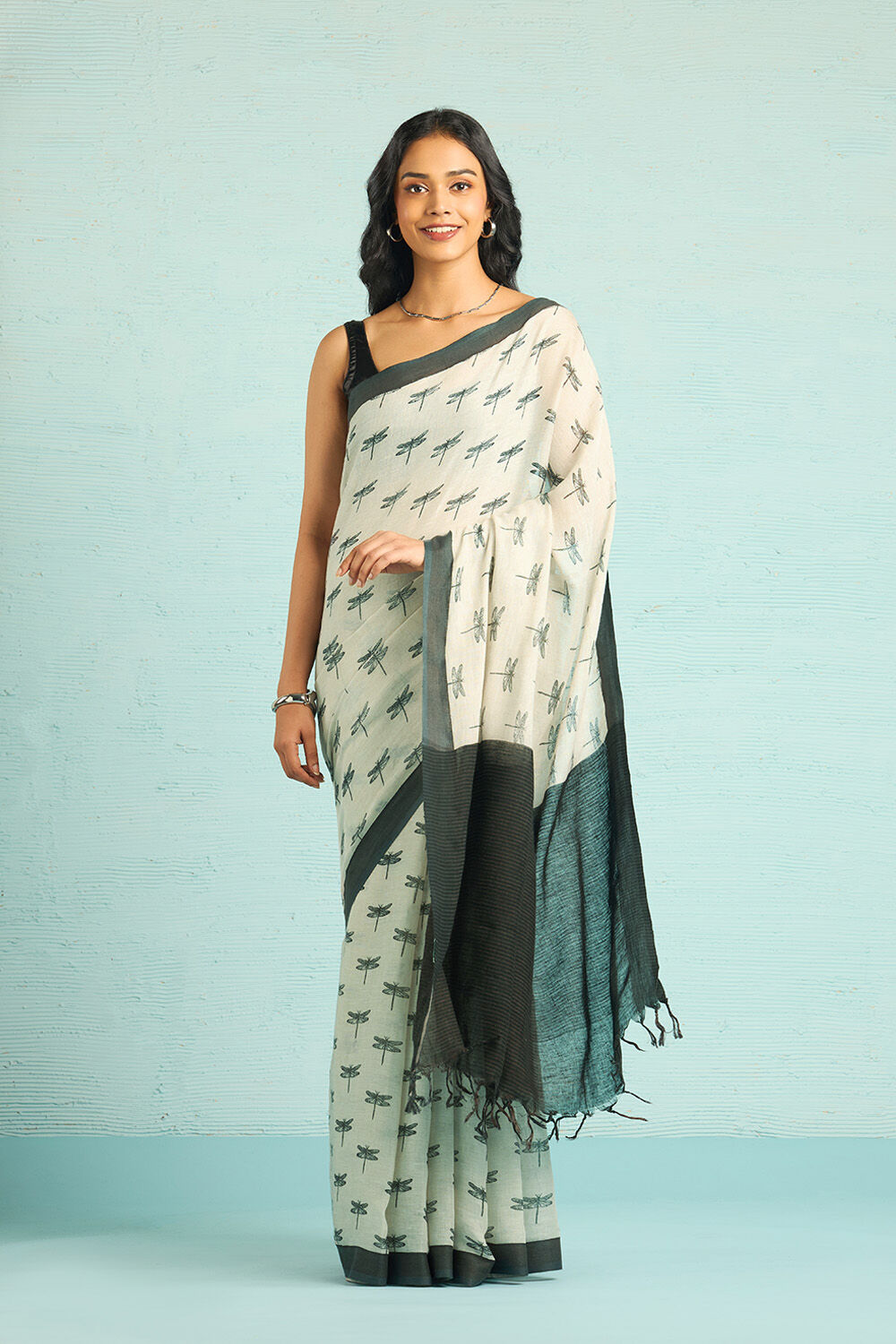 Off White Screen Printed Pure Linen Saree | Taneira Online Store