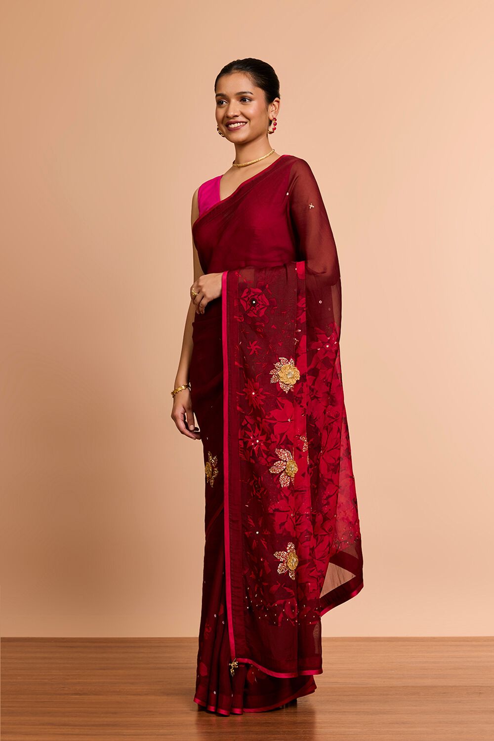 Dark Red Printed Embroidered Viscose Organza Saree | Taneira Online Store