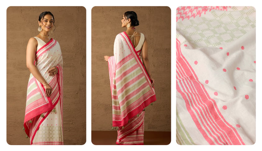 Styling Tips for White Sarees with Pink Borders | Taneria