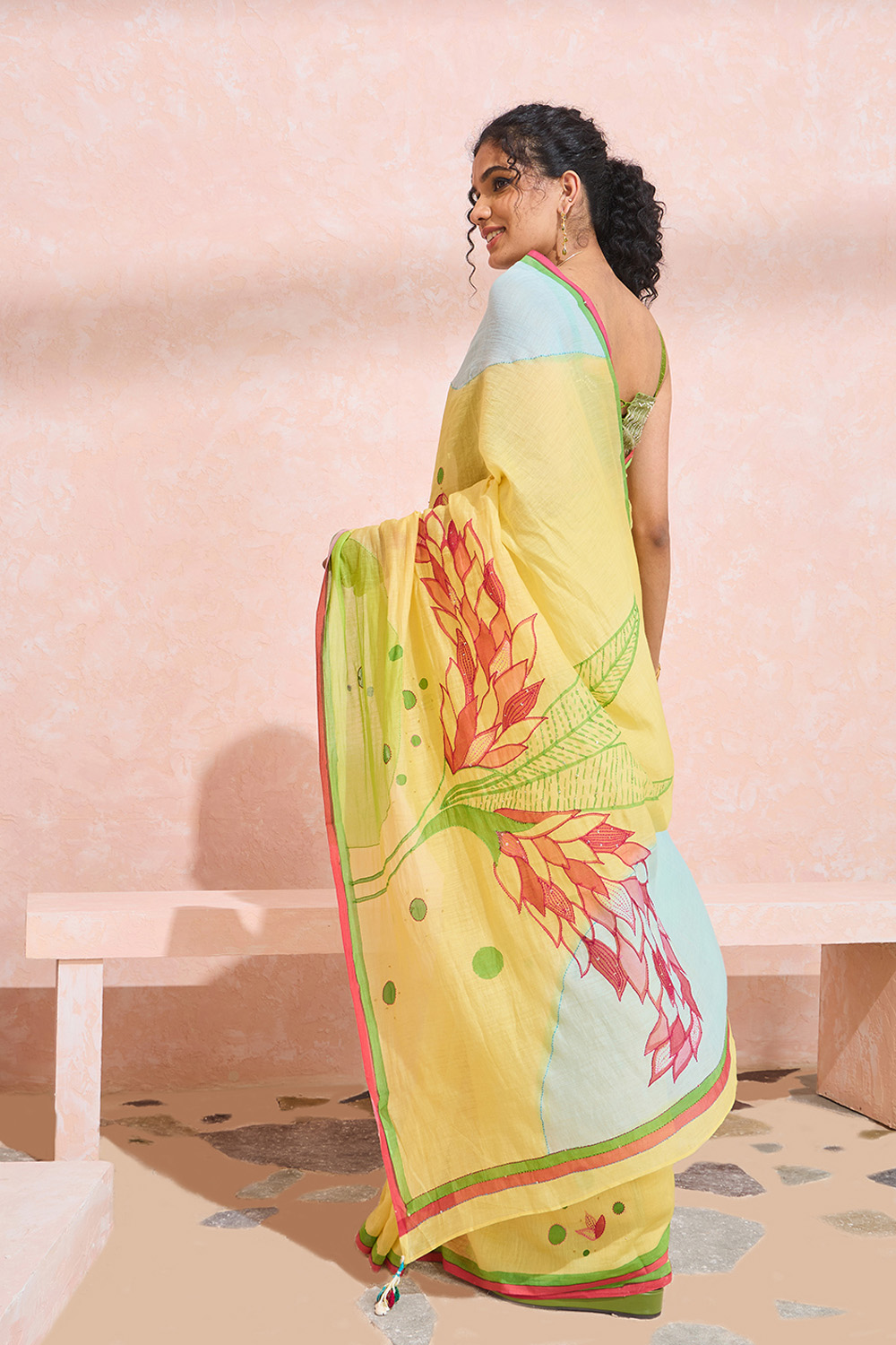 Light Yellow Bengal Pure Silk Cotton Hand Painted Saree | Taneira Online Store