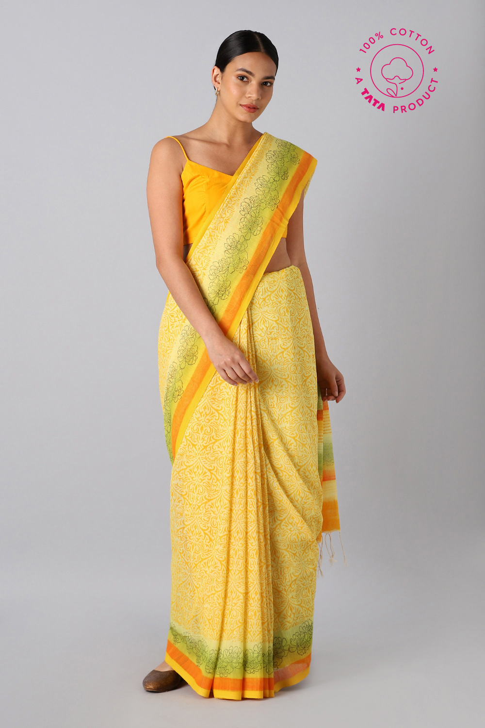 Yellow Pure Cotton Printed Saree | Taneira Online Store