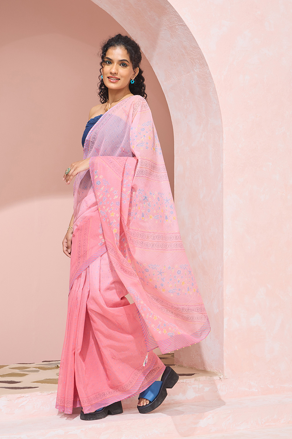 Light Pink Bengal Embroidered Pure Cotton Kota Saree | Taneira Online Store