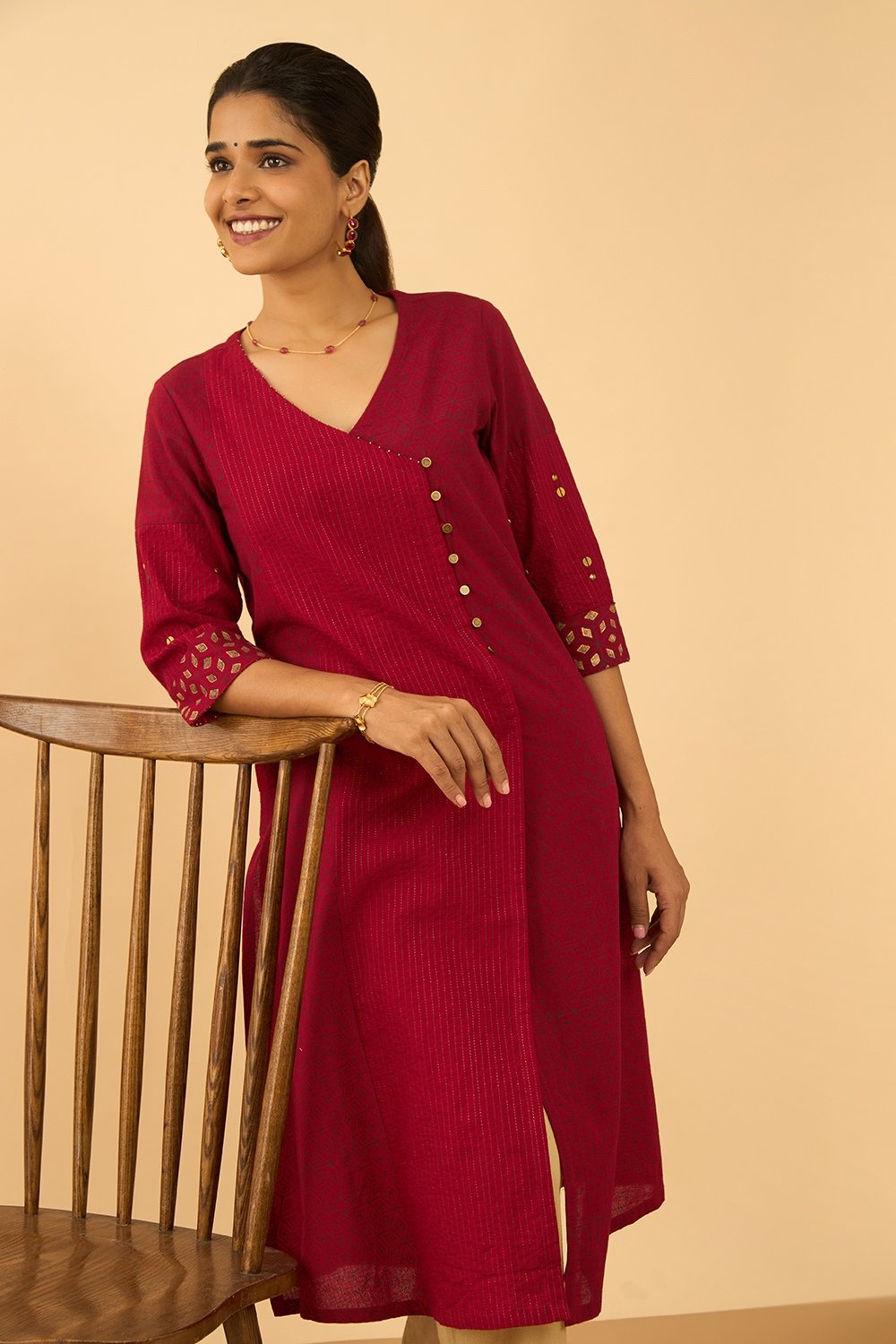 Dark Red Screen Printed Pure Cotton Kurta | Taneira Online Store
