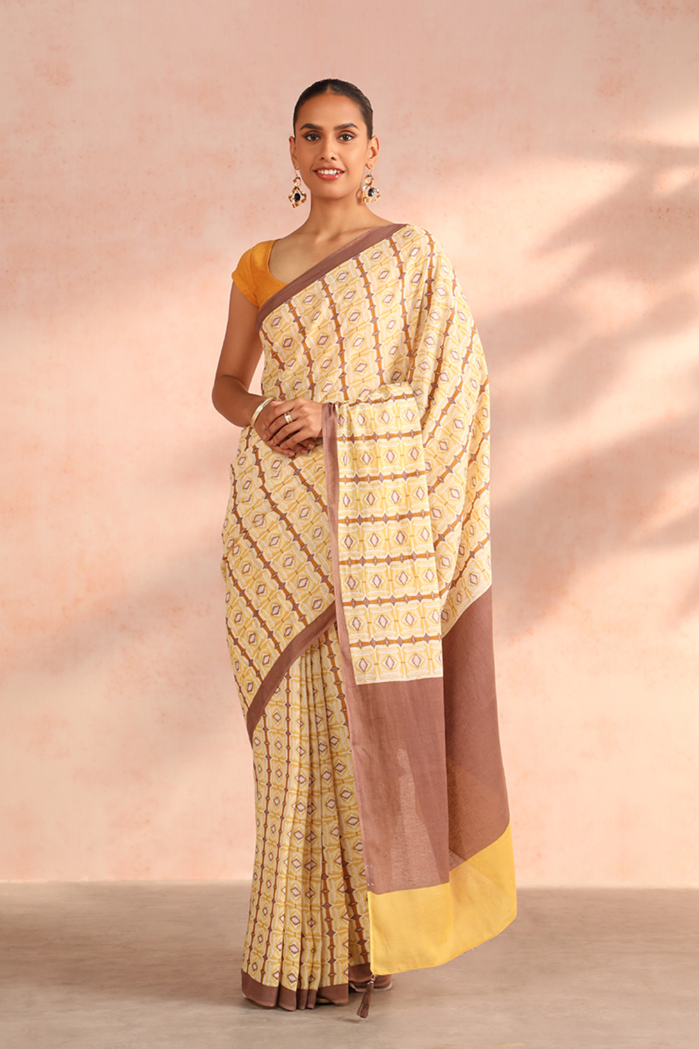 Yellow Pure Cotton Mulmul Screen Printed Saree | Taneira Online Store