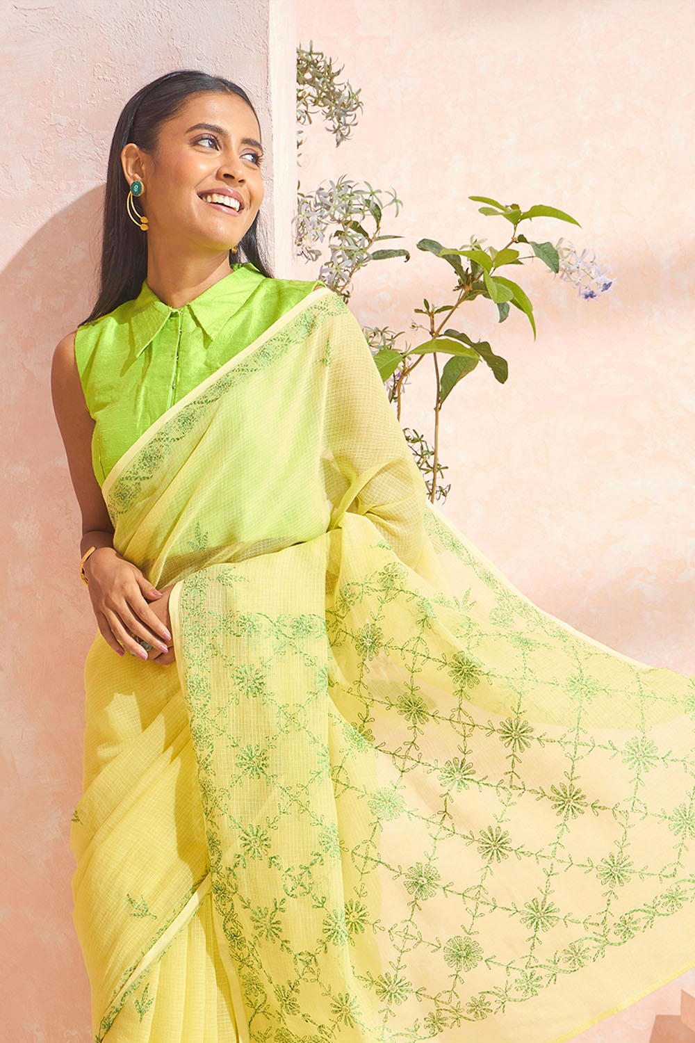 Light Yellow Pure Cotton Kota Chikankari Saree | Taneira Online Store