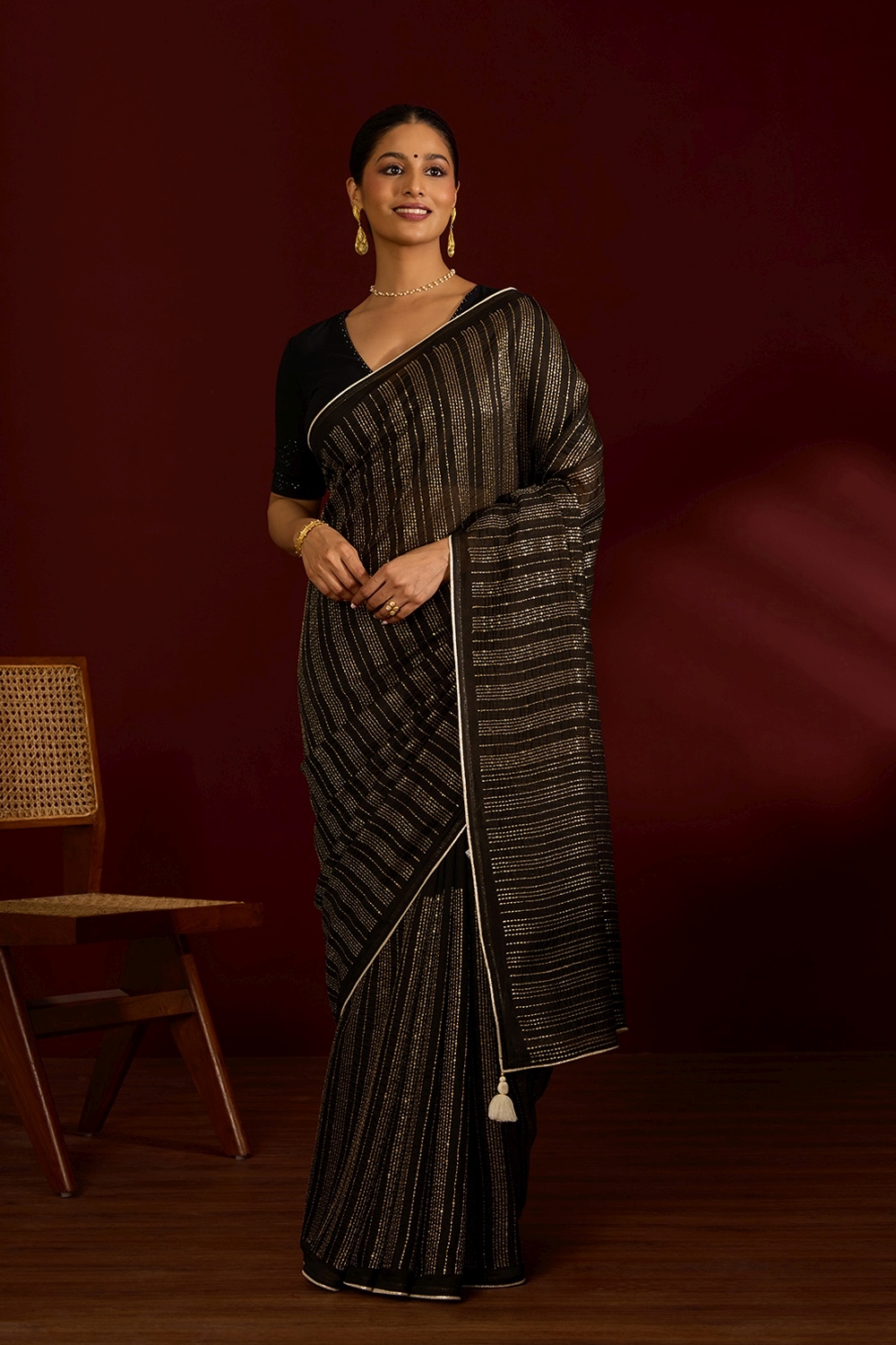 Black Silk Modal Embroidered Saree | Taneira Online Store