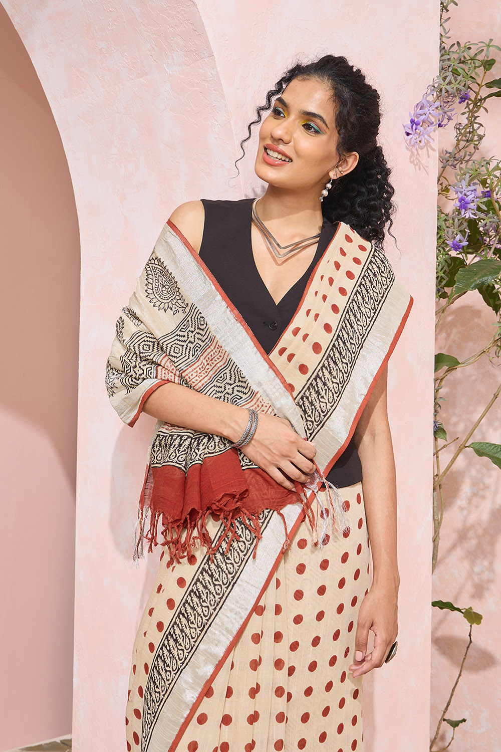 Light Orange Rajasthan Bagru Block Printed Viscose Cotton Saree ...